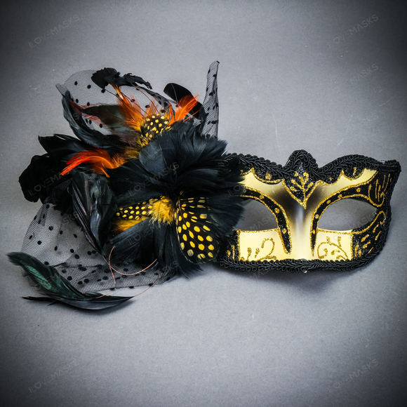 ILOVEMASKS | Accessories | Venetian Black Side Feather Gold Glitter ...